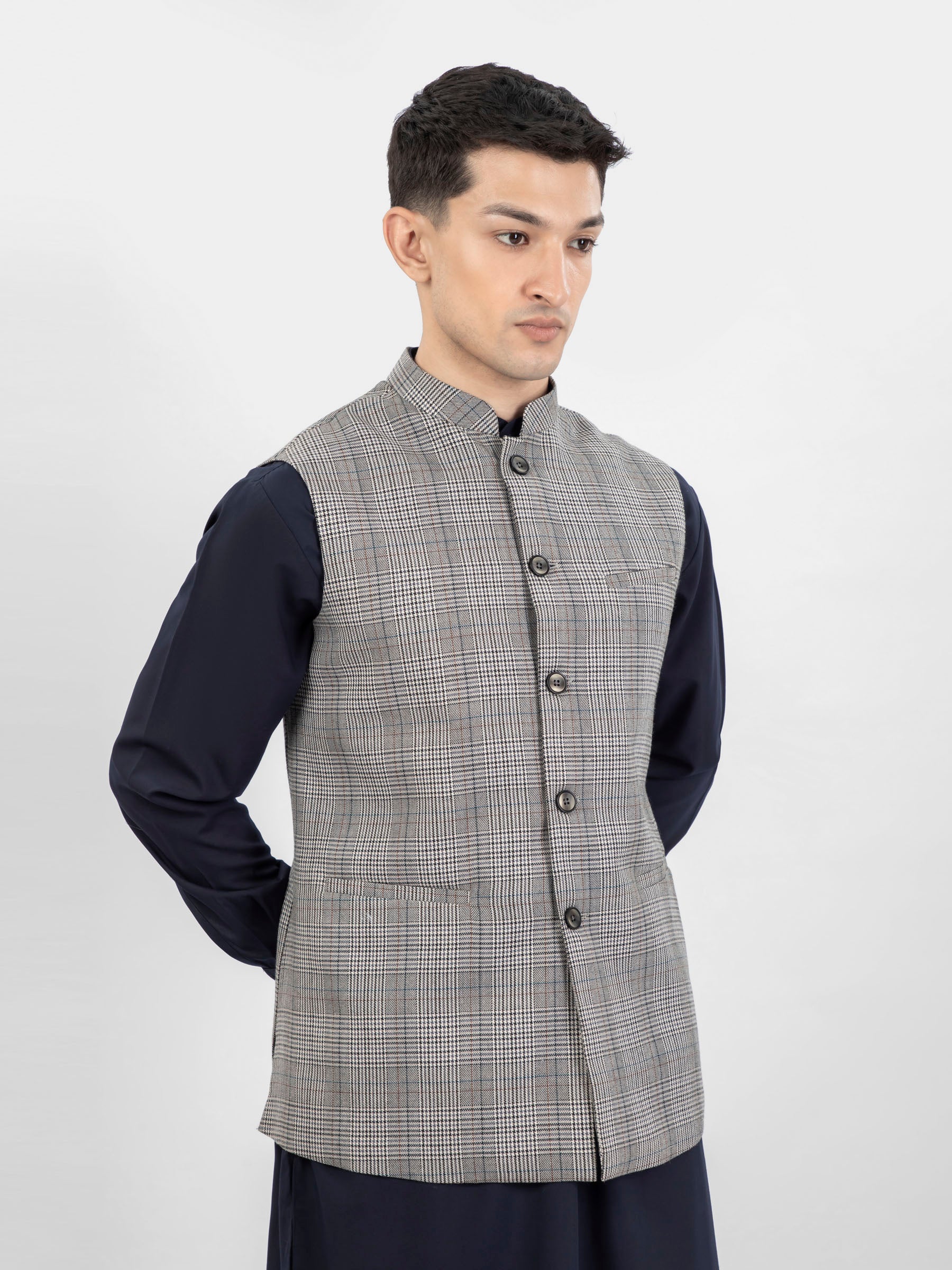 Beige & Grey Checkered Wool Waistcoat | Brumano Pakistan
