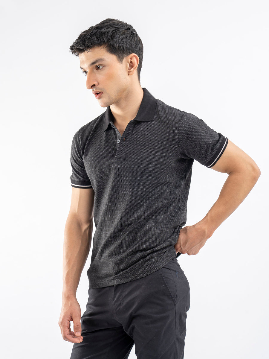 Black Dobby Structured Slimfit Polo – Brumano