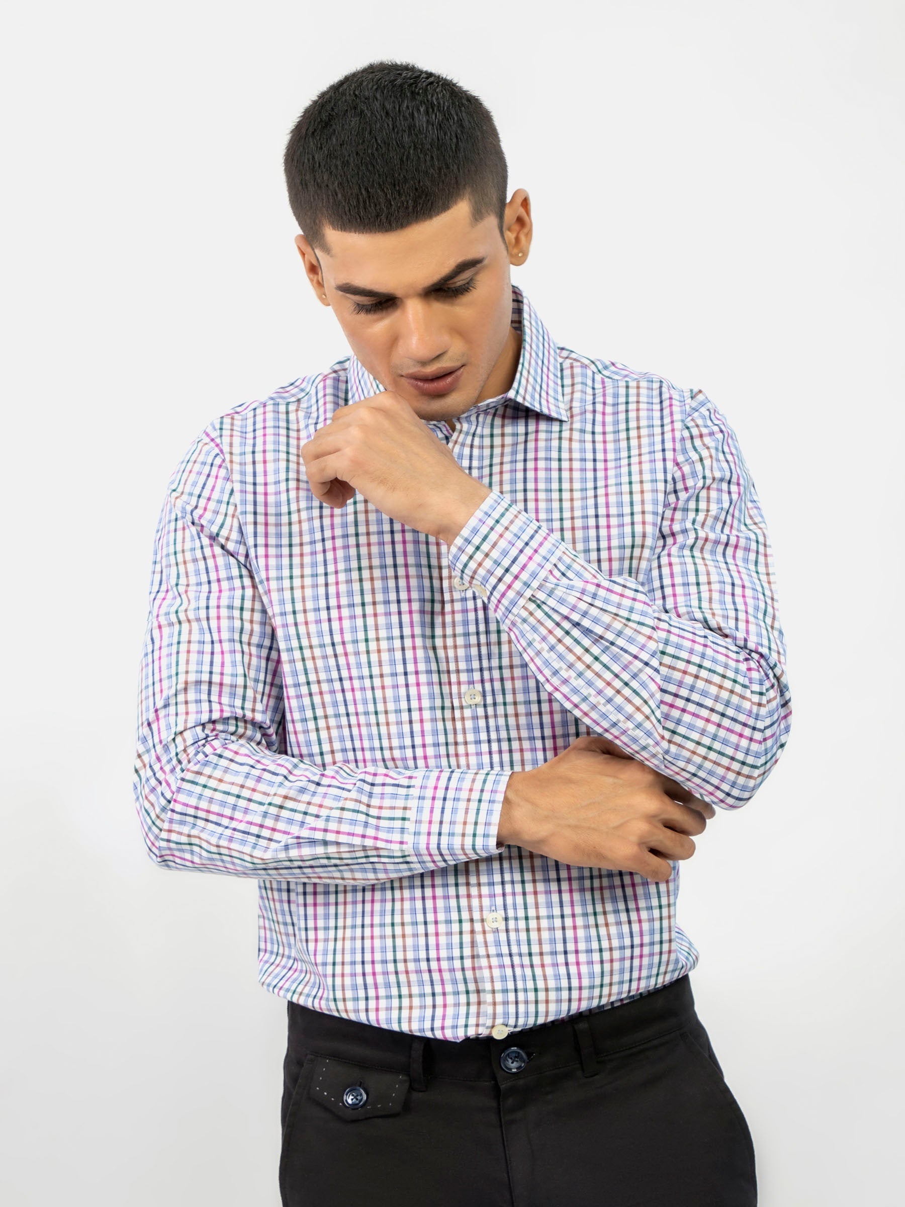 Blue Checkered Formal Shirt With Classic Collar – Brumano