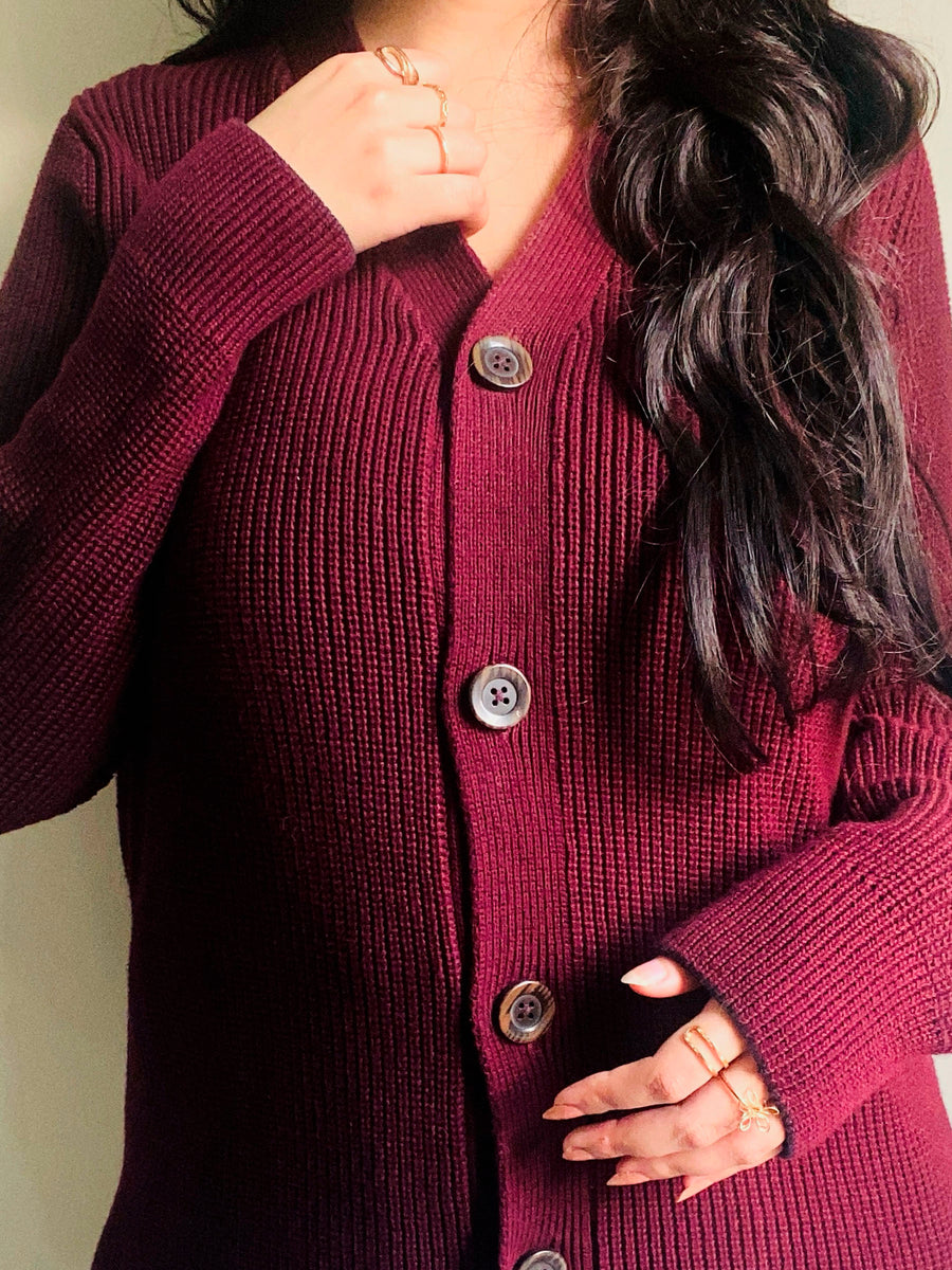 Maroon Ribbed V-Neck Cardigan - Women – Brumano