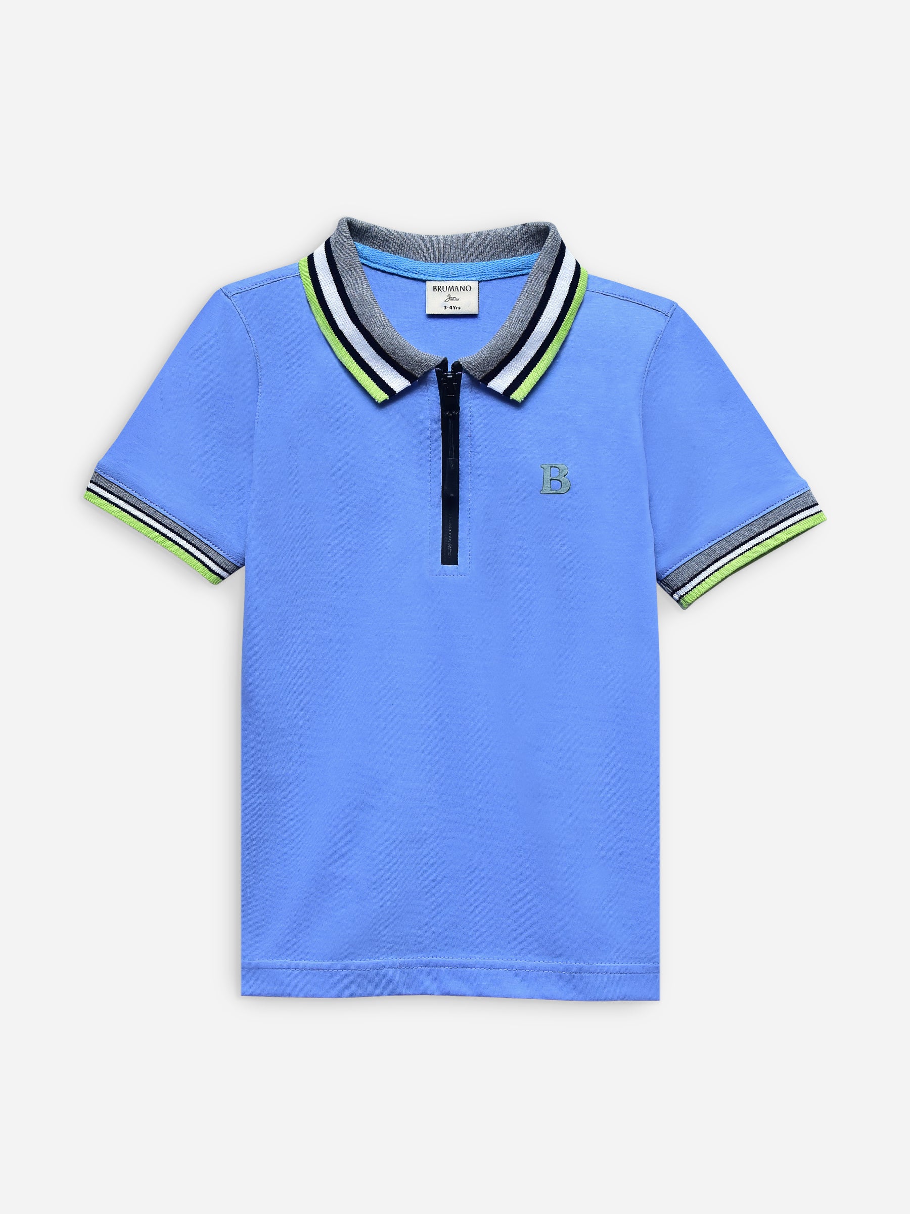 Mid Blue Interlock Zipper Polo With Contrasting Collar – Brumano