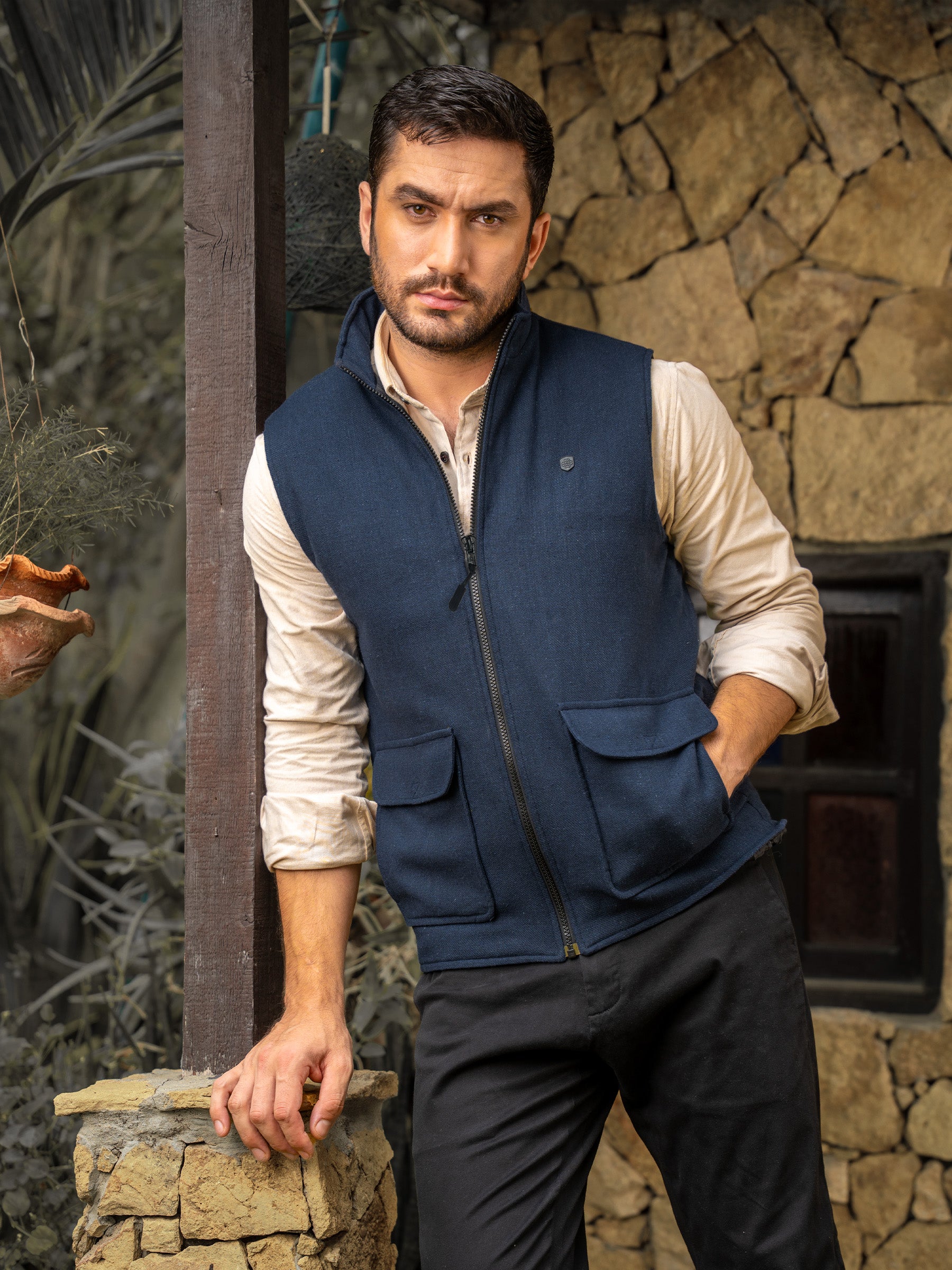 Navy Blue Quilted Sleeveless Jacket | Brumano Pakistan
