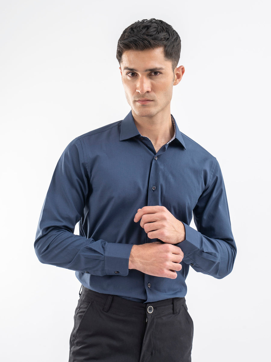 Navy Blue Structured Formal Shirt With Inner Collar Detailing – Brumano