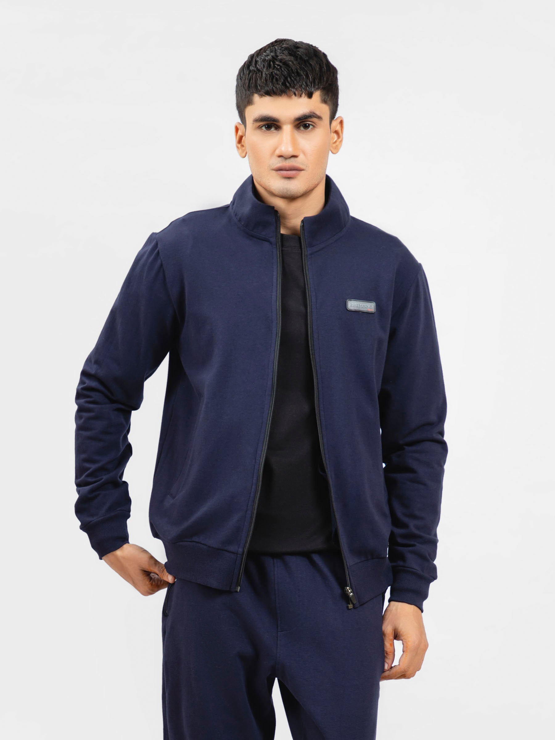 Navy Blue Tracksuit Jacket With Mock Neck – Brumano