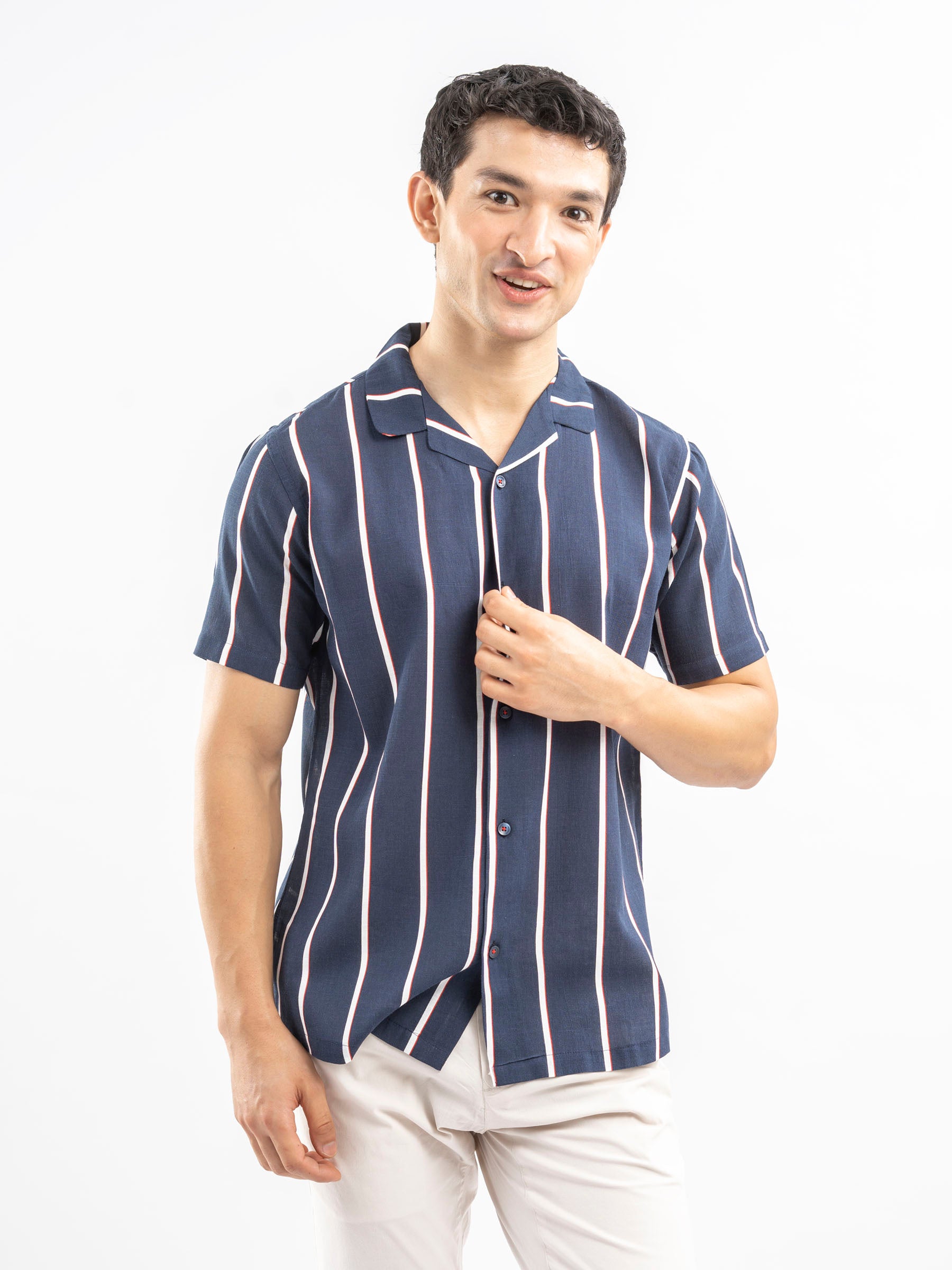 Navy Blue & White Striped Cuban Collar Shirt | Brumano Pakistan