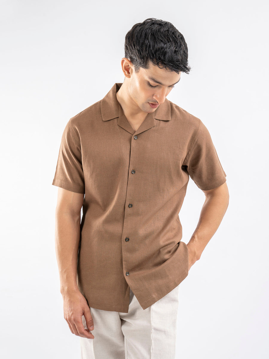 Rusty Brown Linen Blended Half Sleeve Cuban Collar Shirt – Brumano