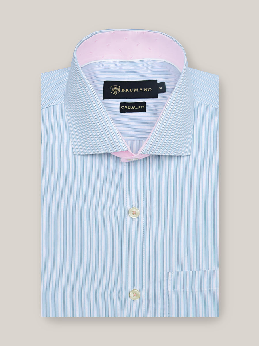 Blue Striped Formal Shirt With Pink Detailing – Brumano
