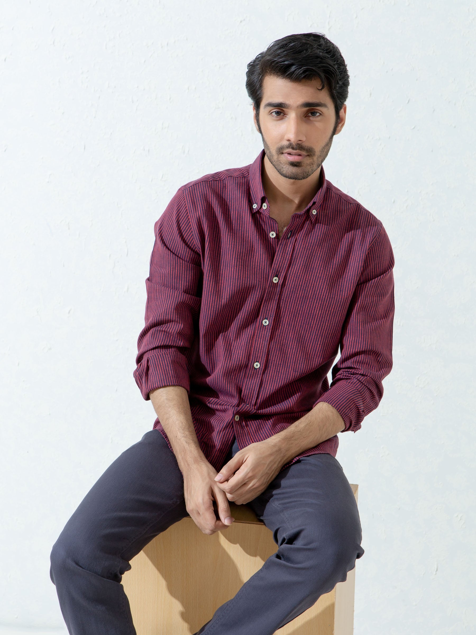 Maroon & Navy Striped Linen Shirt – Brumano